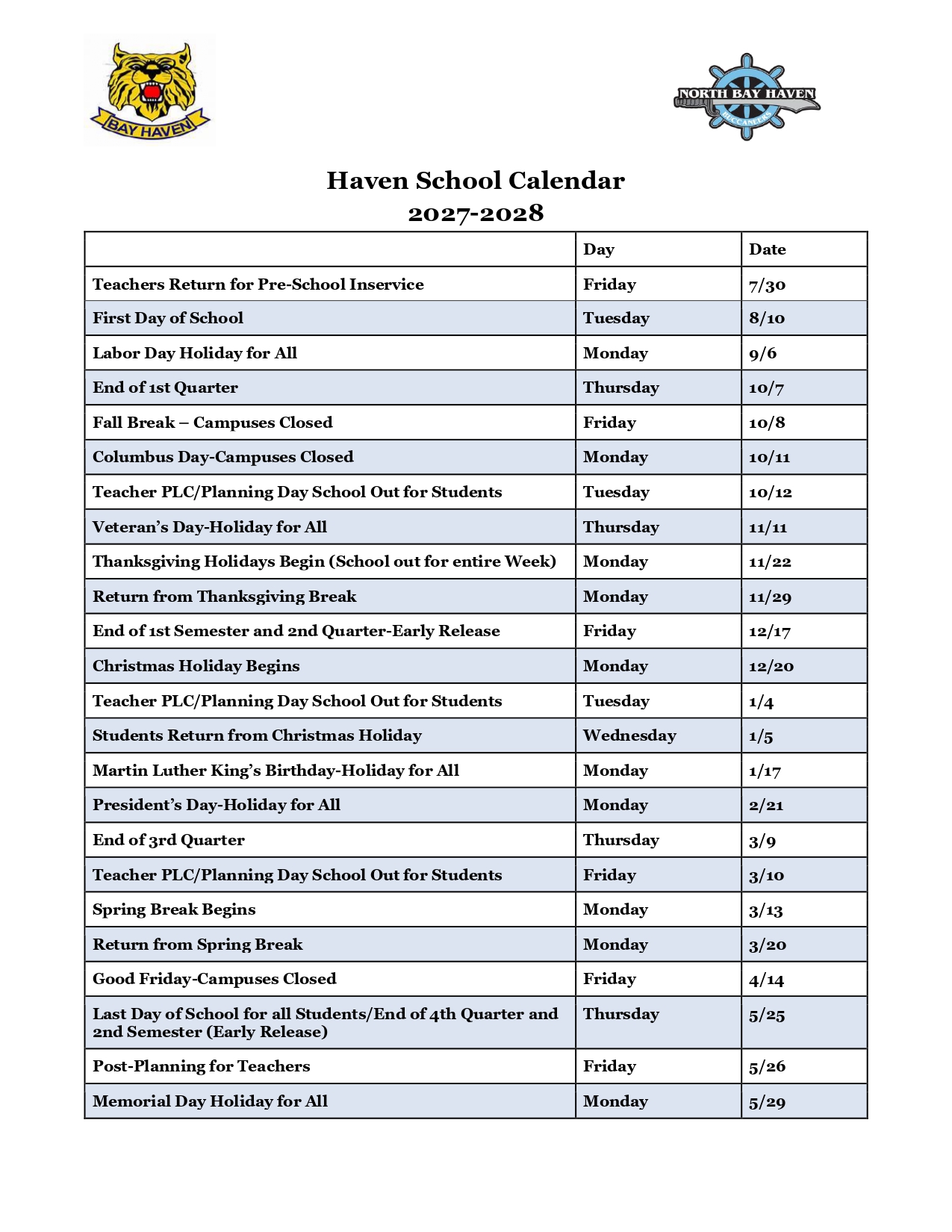 Student Events Calendar | North Bay Haven Charter Academy